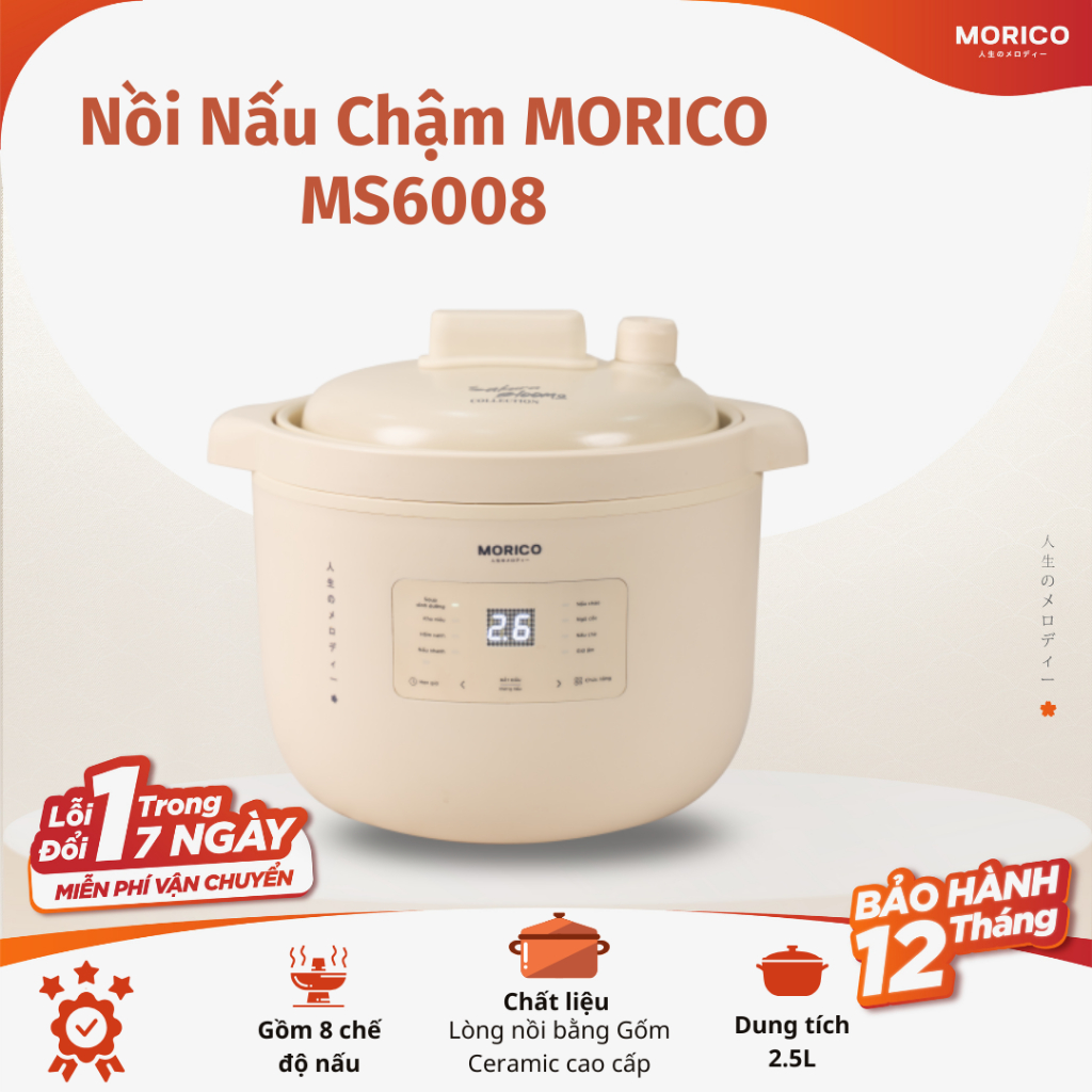 Nồi Nấu Chậm MORICO MS6008 – Giữ Ấm, Hẹn Giờ, 8 Chế Độ Tự Động, Gốm ...