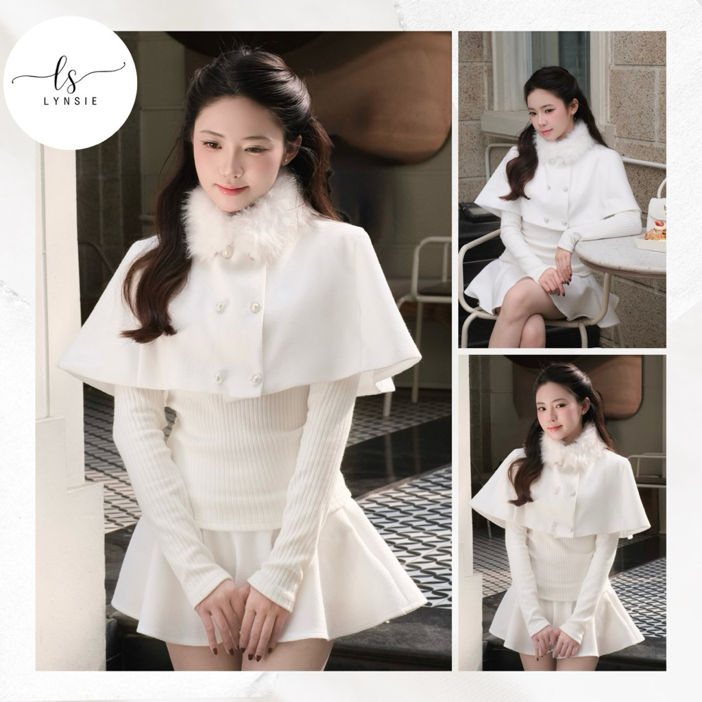 [Celia set] Set dạ cổ lông len trắng tiểu thư phối chân váy xoè (Ảnh ...