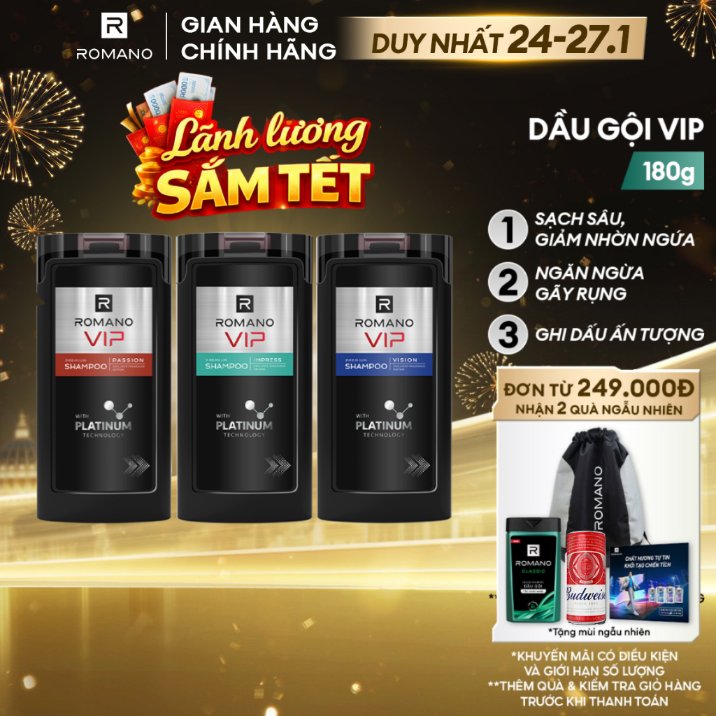 Dầu gội nam cao cấp Romano VIP mạnh mẽ bí ẩn Passion / Vision / Impress ...