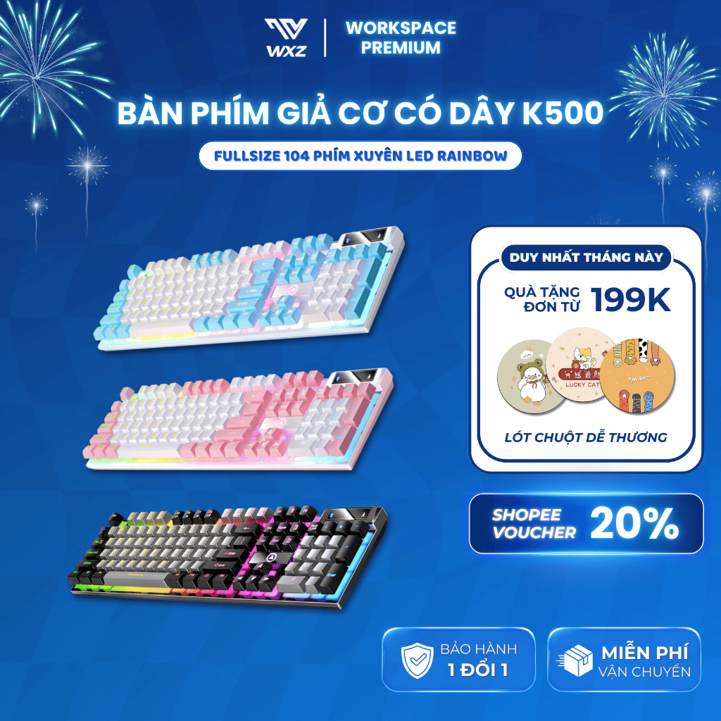 Bàn Phím Giả Cơ K500 Fullsize LED Rainbow Keycap Xuyên Led Gõ Êm Thiết ...