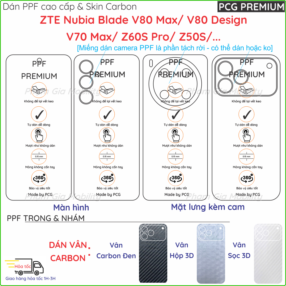 Dán PPF & Skin Carbon dành cho ZTE Nubia Blade V80 V70 Max Design/ Z60S ...