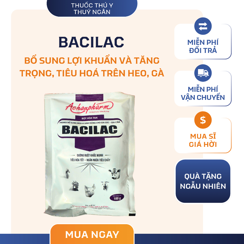 Men tiêu hoá Bacilac hỗ trợ tiêu hoá tốt, ngừa tiêu chảy trên heo, gà ...
