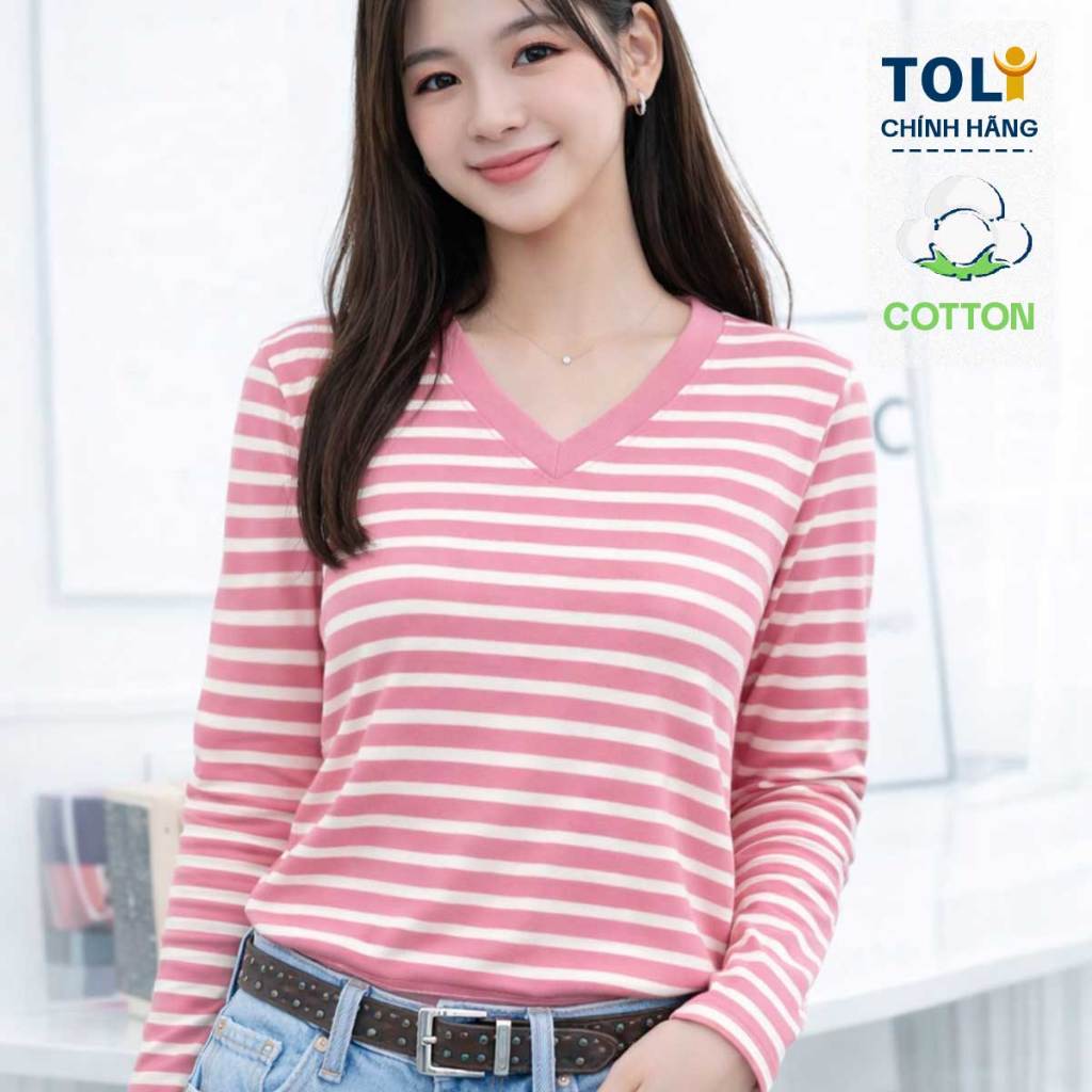 Áo thun nữ tay dài cổ V TOLI LHV33 – Form vừa dáng, Sọc ngang, Vải ...
