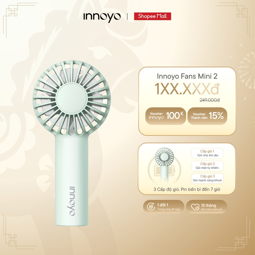 Quạt mini cầm tay Innoyo - 3 cấp độ gió, động cơ êm ái, pin bền bỉ đến ...