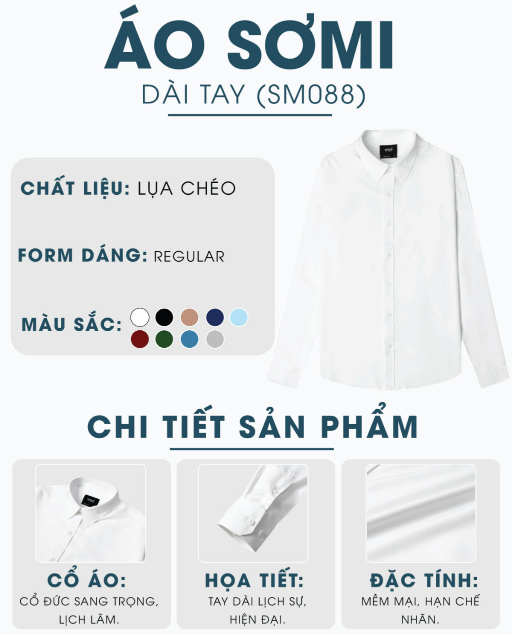 Áo sơ mi nam tay dài trơn MATANO SM088 vải lụa chéo hạn chế nhăn, form ...