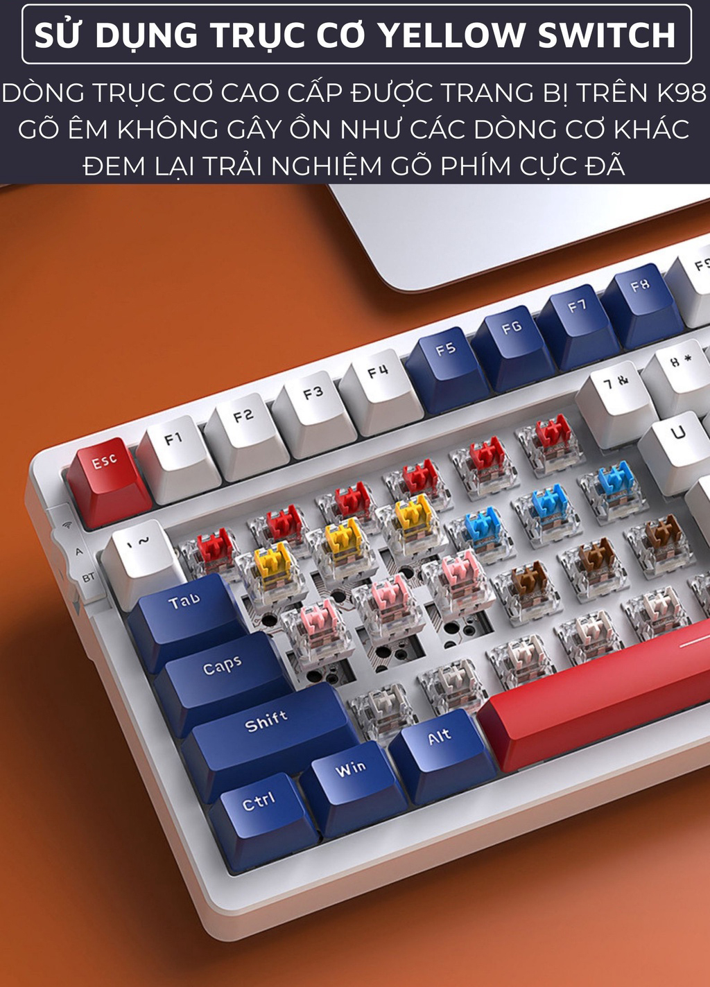 Bàn phím cơ Attack Shark K98 - Led RGB - Hotswap - 3 chế độ kết nối - 2 loại switch Yellow / Red ...