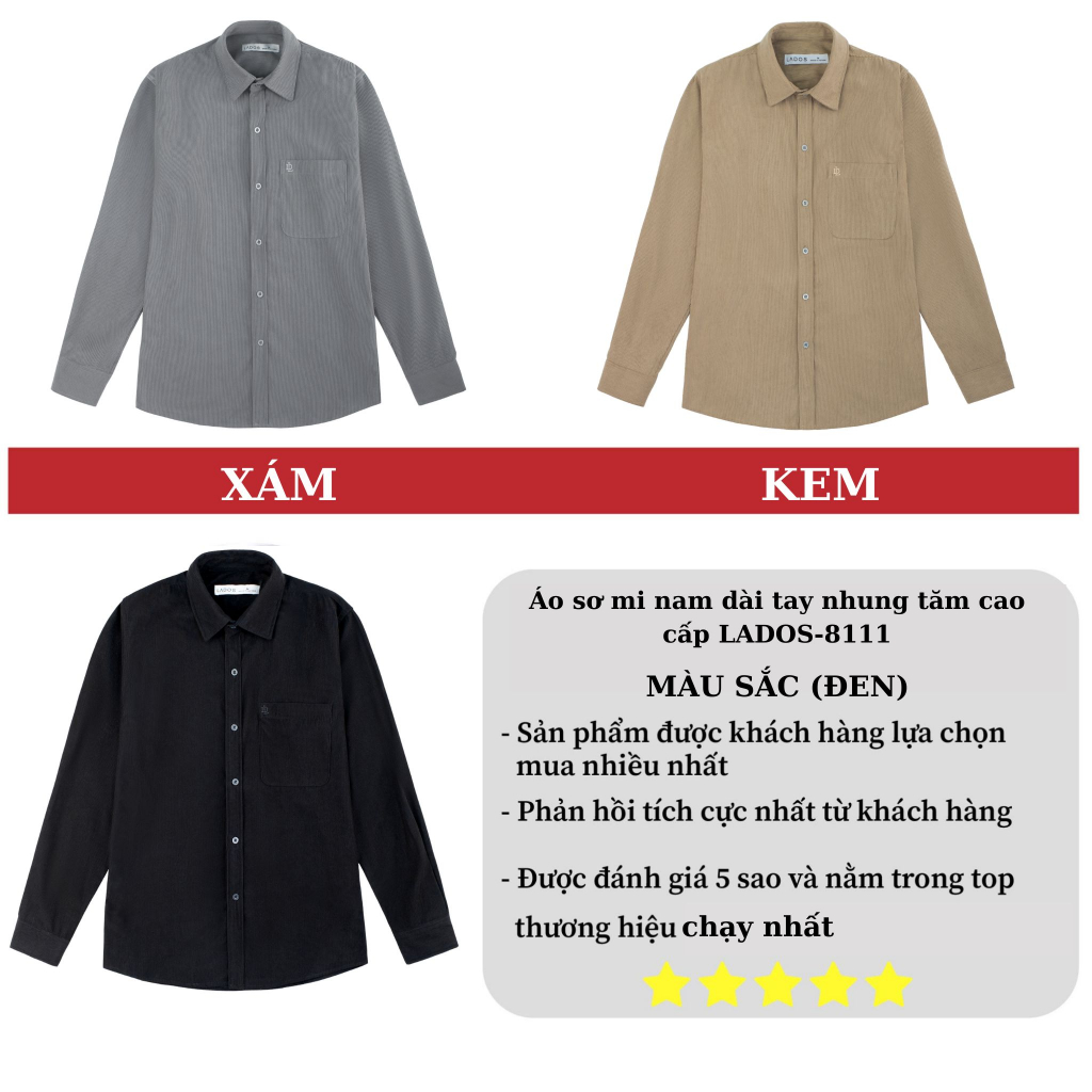 Áo sơ mi nam dài tay nhung tăm cao cấp LADOS-8111 hàng chính hãng, form ...