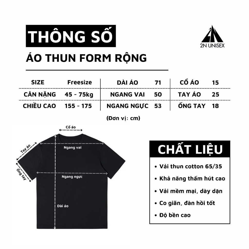 Áo phông nam nữ form rộng 2N Unisex thun cotton in tọa độ màu đen/trắng ...