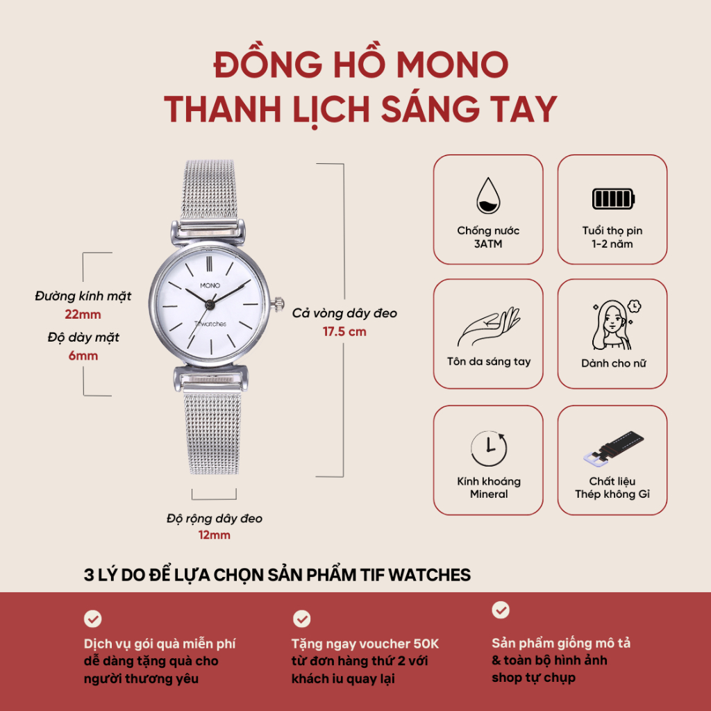 Đồng hồ đeo tay MONO Tif Watches Thép Không Gỉ sáng da phong cách Hàn ...