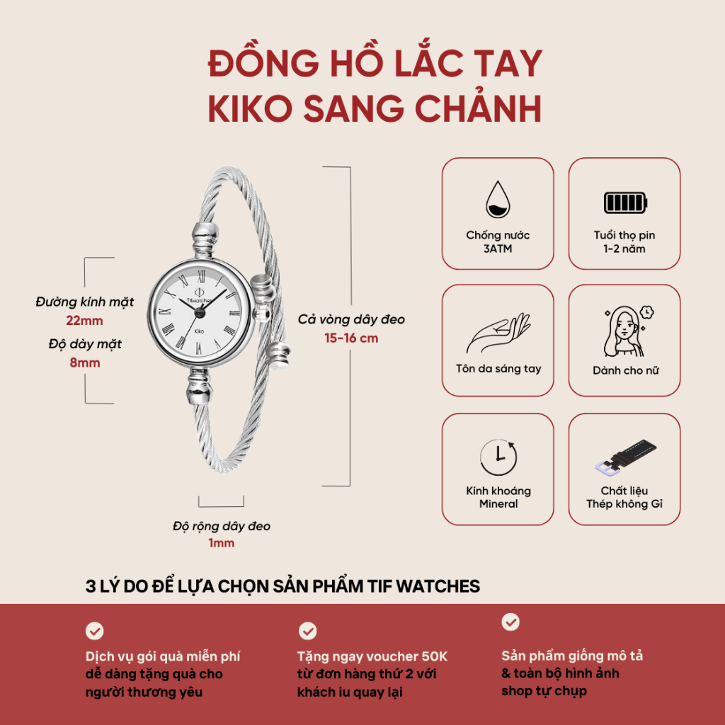 Đồng hồ vòng tay nữ KIKO Tif Watches kim loại thiết kế thanh lịch làm ...