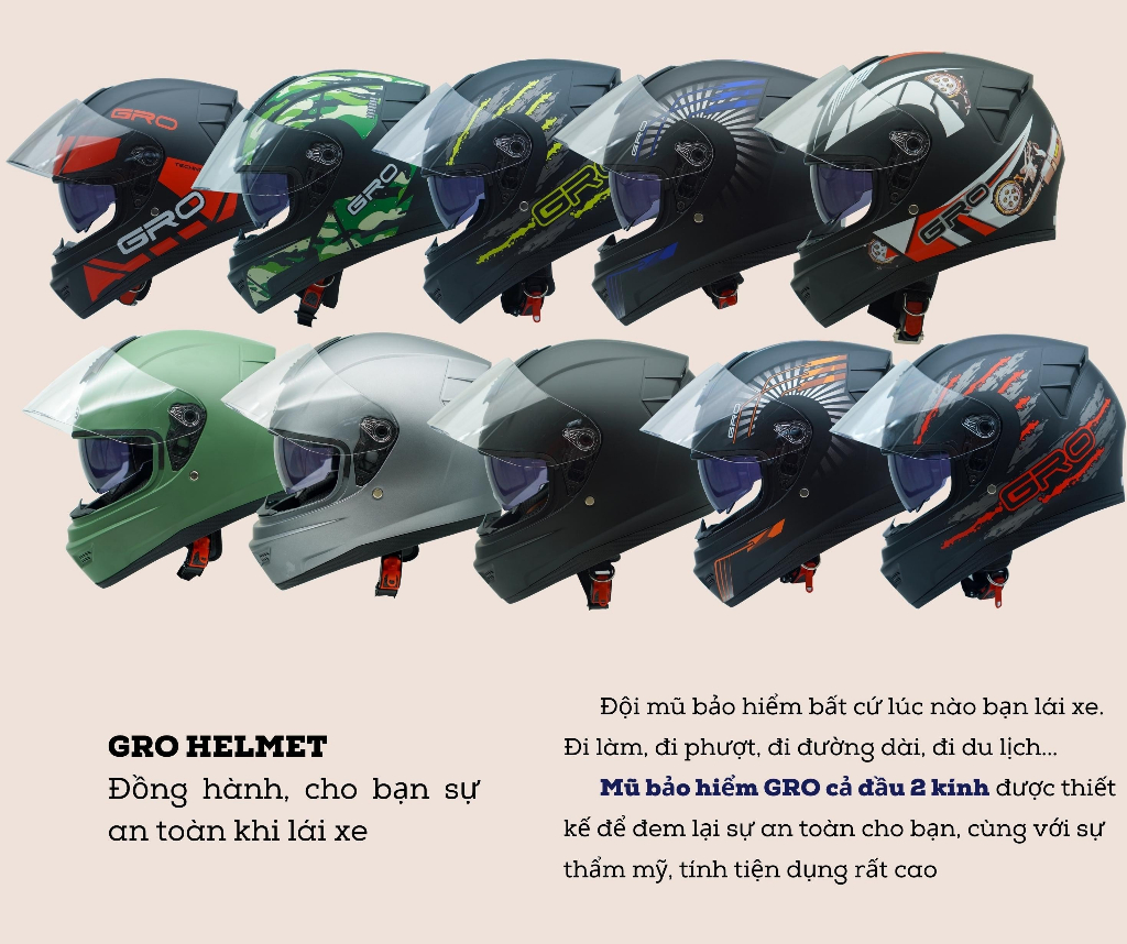 Mũ Bảo Hiểm Fullface GRO Helmet có kính chính hãng, thiết kế 2 kính ...