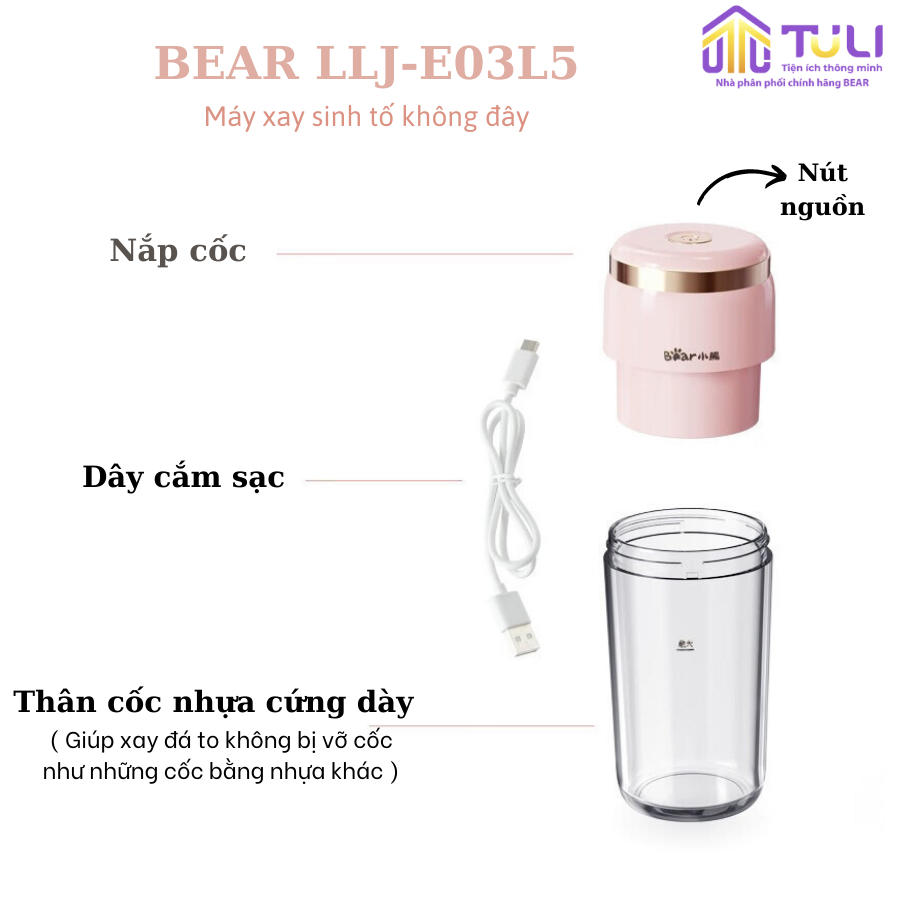 Máy xay sinh tố cầm tay tích điện BEAR LLJ-E03L5, 300ML, 50W, cối mini đa năng 6 lưỡi, BH 18 ...