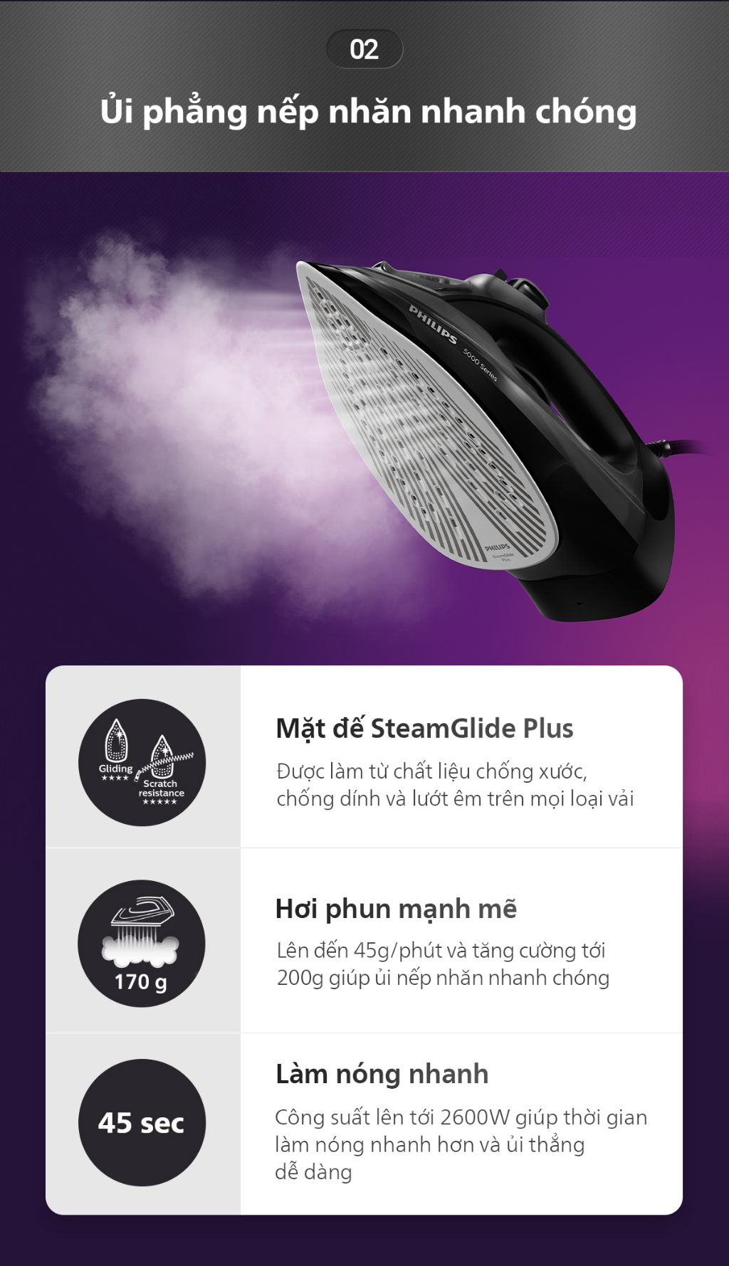 Bàn Ủi Hơi Nước Philips DST5040/80 |2600W| Mặt đế SteamGlide chống trày ...
