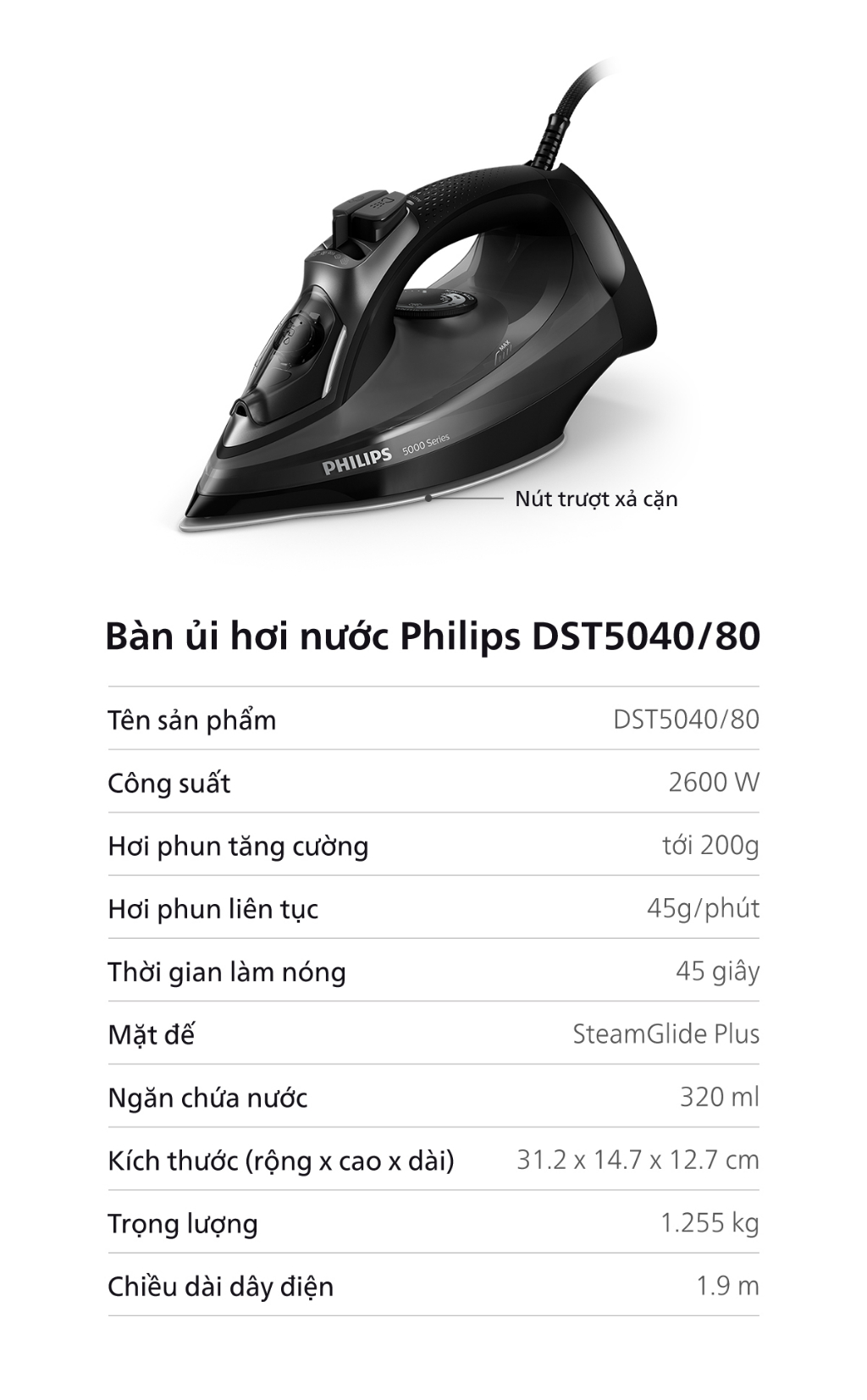 Bàn Ủi Hơi Nước Philips DST5040/80 |2600W| Mặt đế SteamGlide chống trày ...