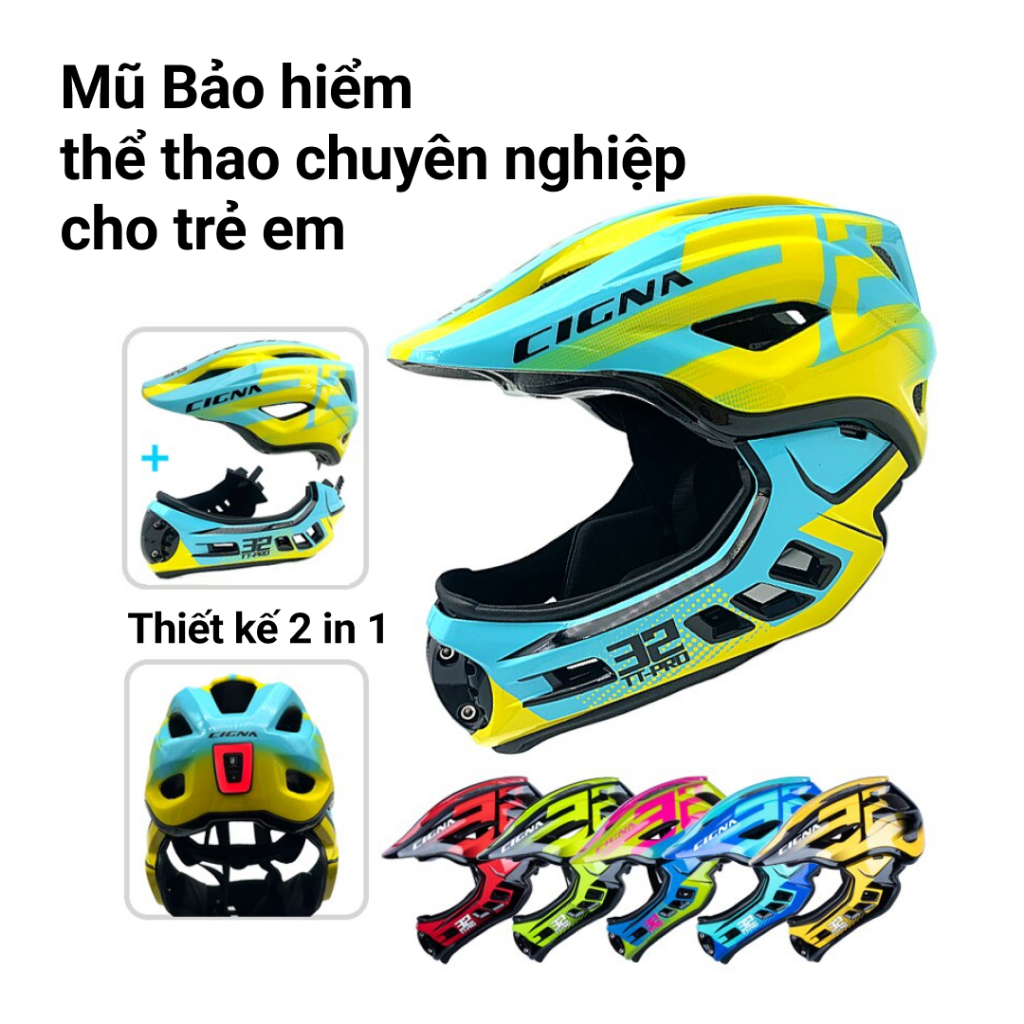 Mũ bảo hiểm Fullface cho bé Cigna TT32 Pro, siêu nhẹ, 2 trong 1, dáng thể thao, điều chỉnh vòng ...