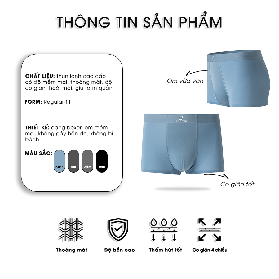 Combo 3 quần lót nam boxer PAZZINI thun lạnh cao cấp, quần sịp nam co ...