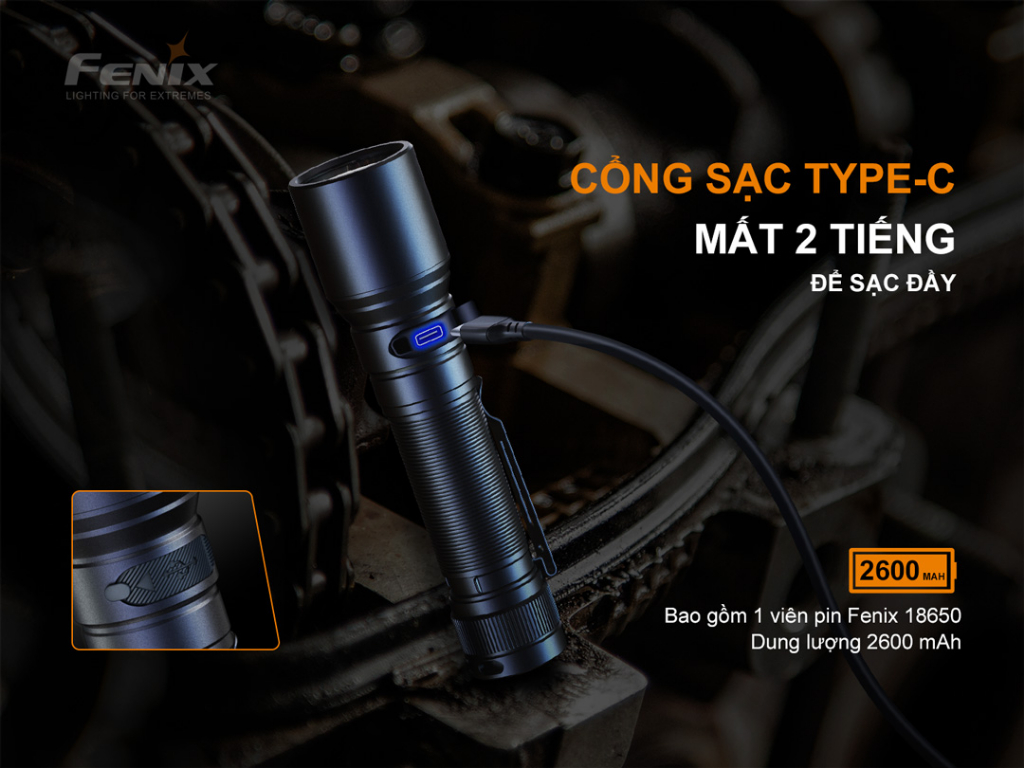 Đèn pin FENIX C6 v3.0 sáng 1500 lumen chiếu xa 300m sạc USB-C pin 18650 ...