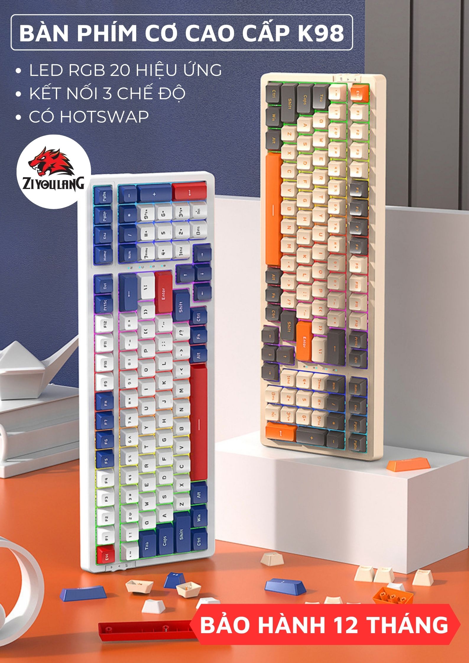 Bàn Phím Cơ Không Dây Bluetooth ZiyouLang K98 PRO Full Size LED RGB Có Hotswap Lót Foam Gõ Cực ...