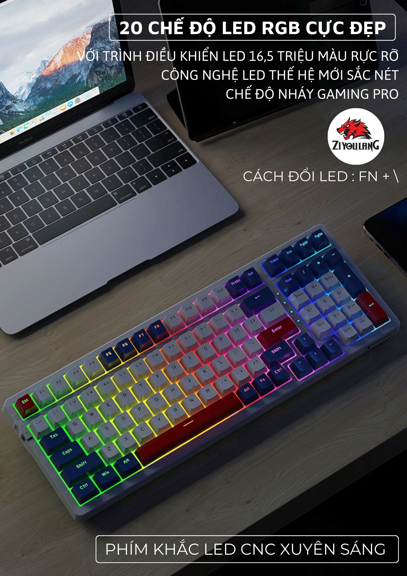 Bàn Phím Cơ Không Dây Bluetooth ZiyouLang K98 PRO Full Size LED RGB Có Hotswap Lót Foam Gõ Cực ...