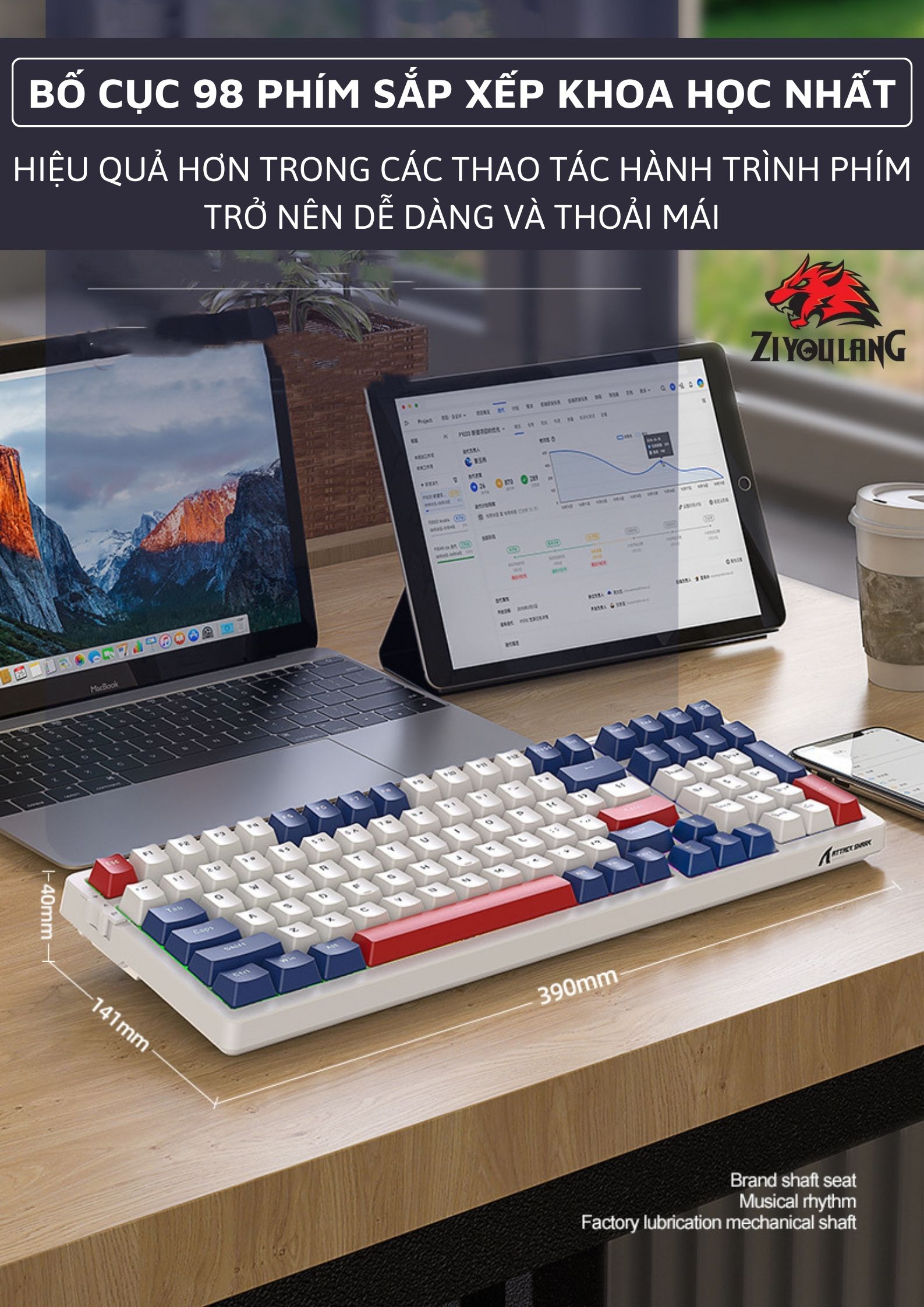 Bàn Phím Cơ Không Dây Bluetooth ZiyouLang K98 PRO Full Size LED RGB Có Hotswap Lót Foam Gõ Cực ...