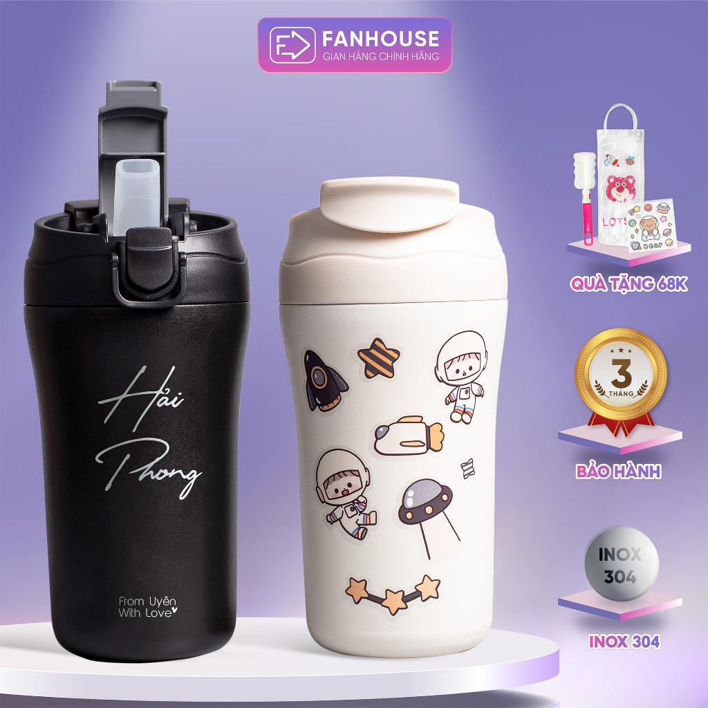 Cốc giữ nhiệt có ống hút Holic v3 420ml Fan House ly giữ nhiệt 12h inox 304, bình nước khắc tên ...