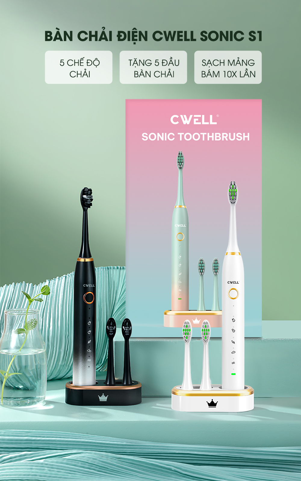 Bàn chải điện CWell Sonic S1, 5 chế độ chải rung 42.000 lần/p, chống ...