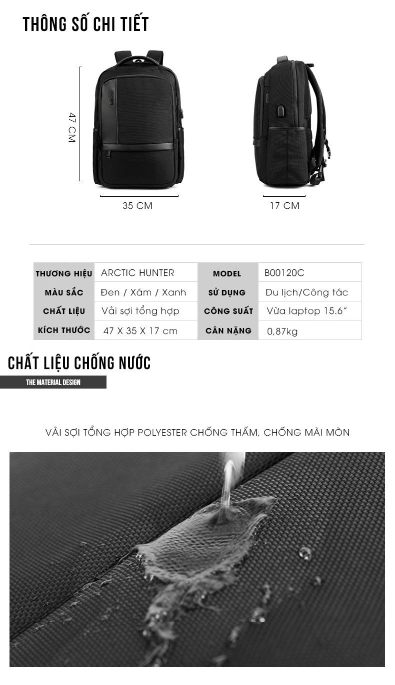 Balo laptop Arctic Hunter B00120 cổng kết nối USB, đựng lap 15.6 inch ...