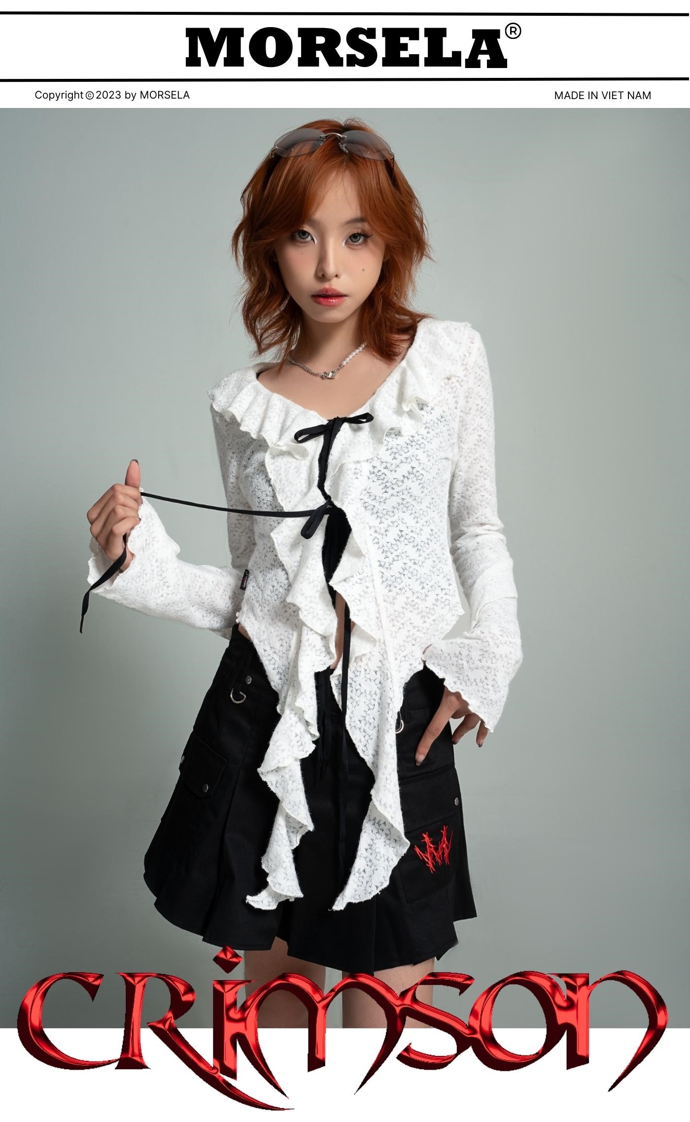 MORSELA® chính hãng - Áo croptop nữ kiểu tay dài CRIMSON phối ren lượn sóng tua rua phong cách ...