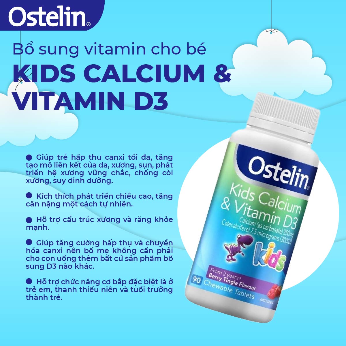 Ostelin Kids Calcium & Vitamin D3 90 viên nhai bổ sung canxi và vitamin D3 cho trẻ giúp hỗ trợ ...