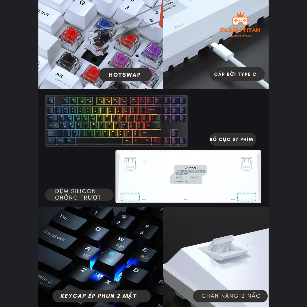 Bàn phím cơ không dây MONKA A87 - trục cơ Switch Linear - Led RGB nhiều ...