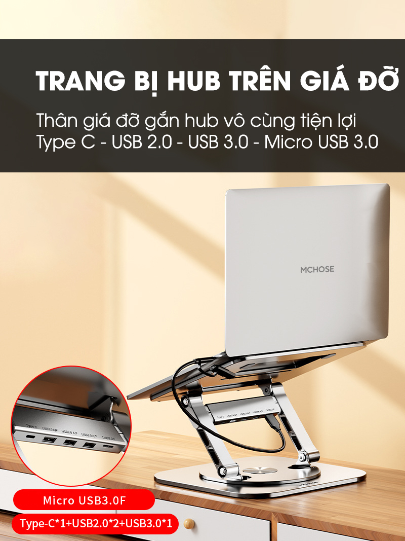 Giá đỡ laptop xoay 360 kèm hub type c usb 3.0 SIDOTECH 928 kệ đỡ macbook ipad tản nhiệt nhanh ...