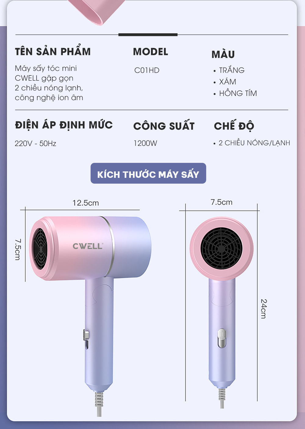 Máy sấy tóc mini CWell gấp gọn 2 chiều nóng lạnh C01HD, công suất 1200W ...