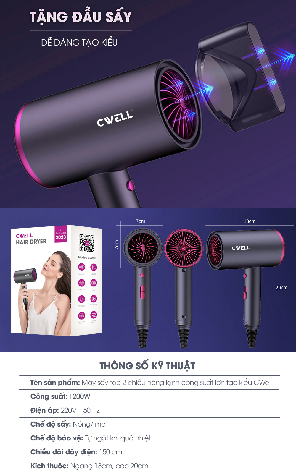 Máy sấy tóc mini CWell 4 mùa nâng cấp 1200W, 2 chế độ nóng lạnh, ánh ...