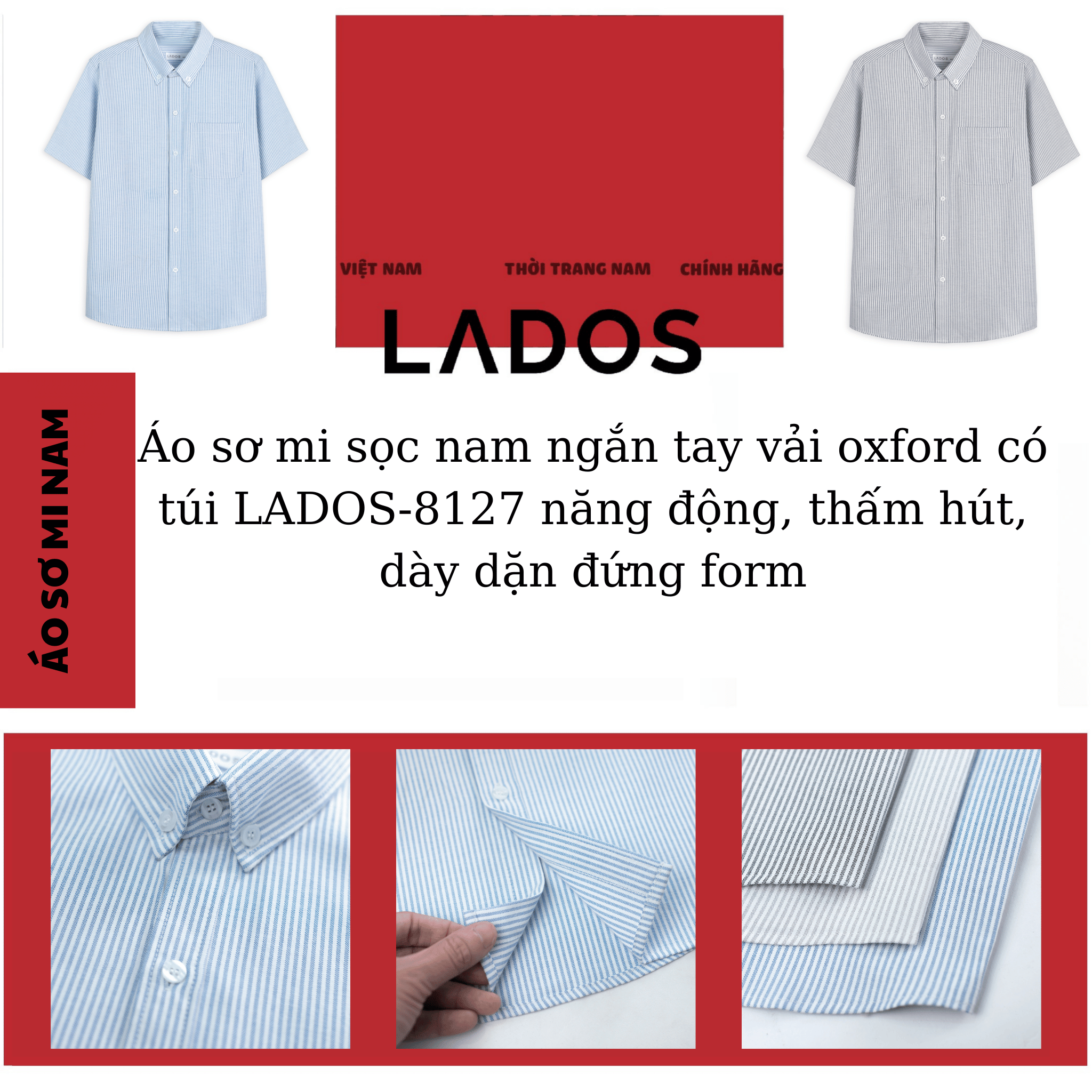 Áo sơ mi sọc nam ngắn tay vải oxford có túi LADOS-8127 năng động, thấm ...
