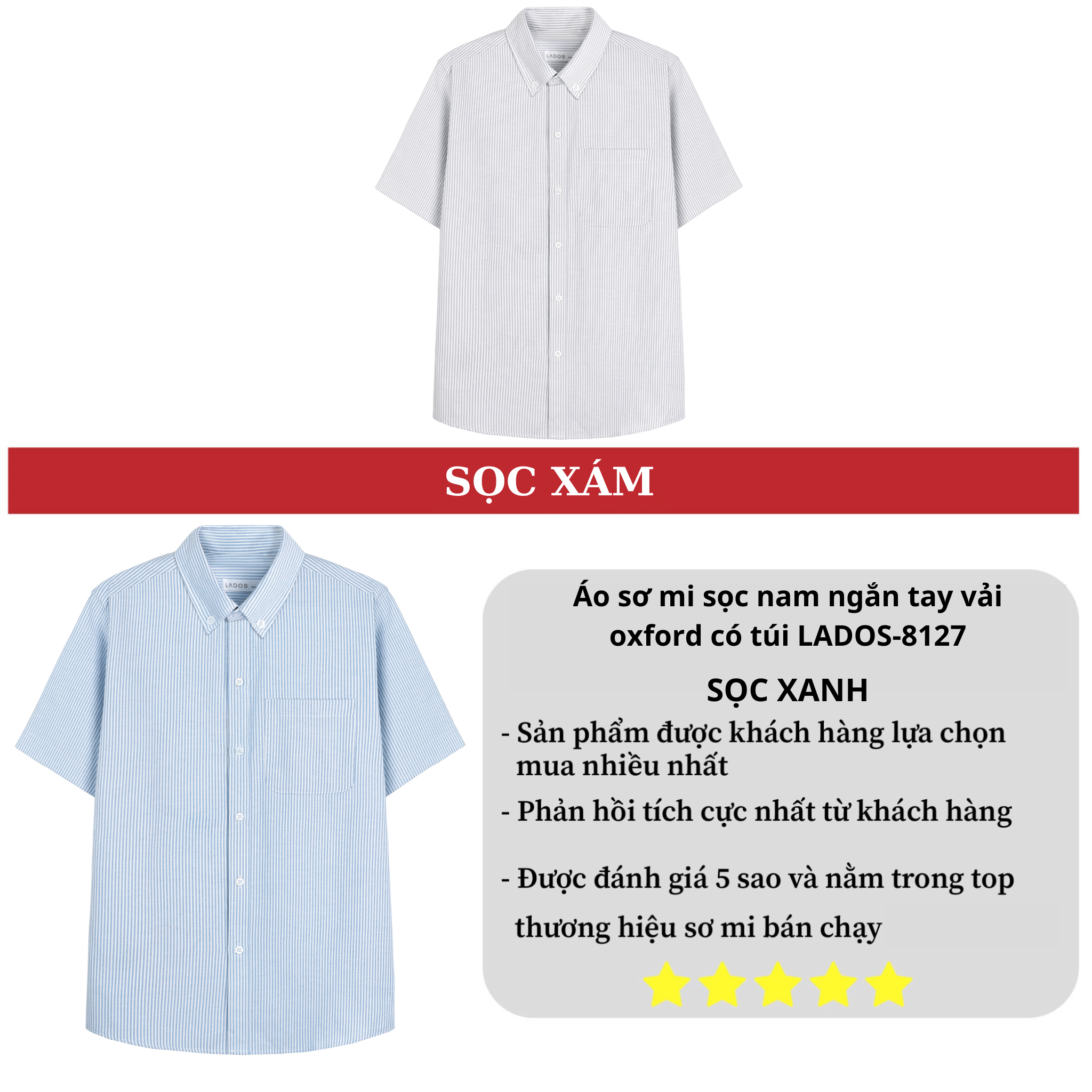 Áo sơ mi sọc nam ngắn tay vải oxford có túi LADOS-8127 năng động, thấm ...