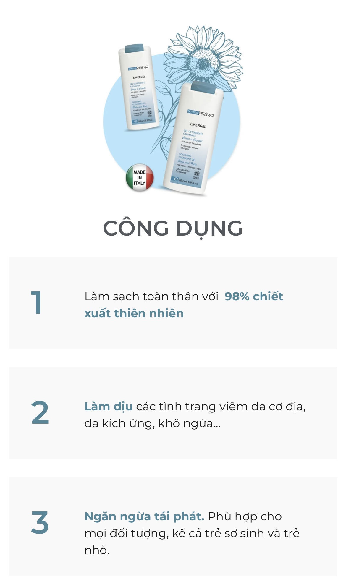 Sữa tắm DottorPrimo Emergel 200ml hữu cơ dưỡng ẩm cải thiện viêm da cơ ...