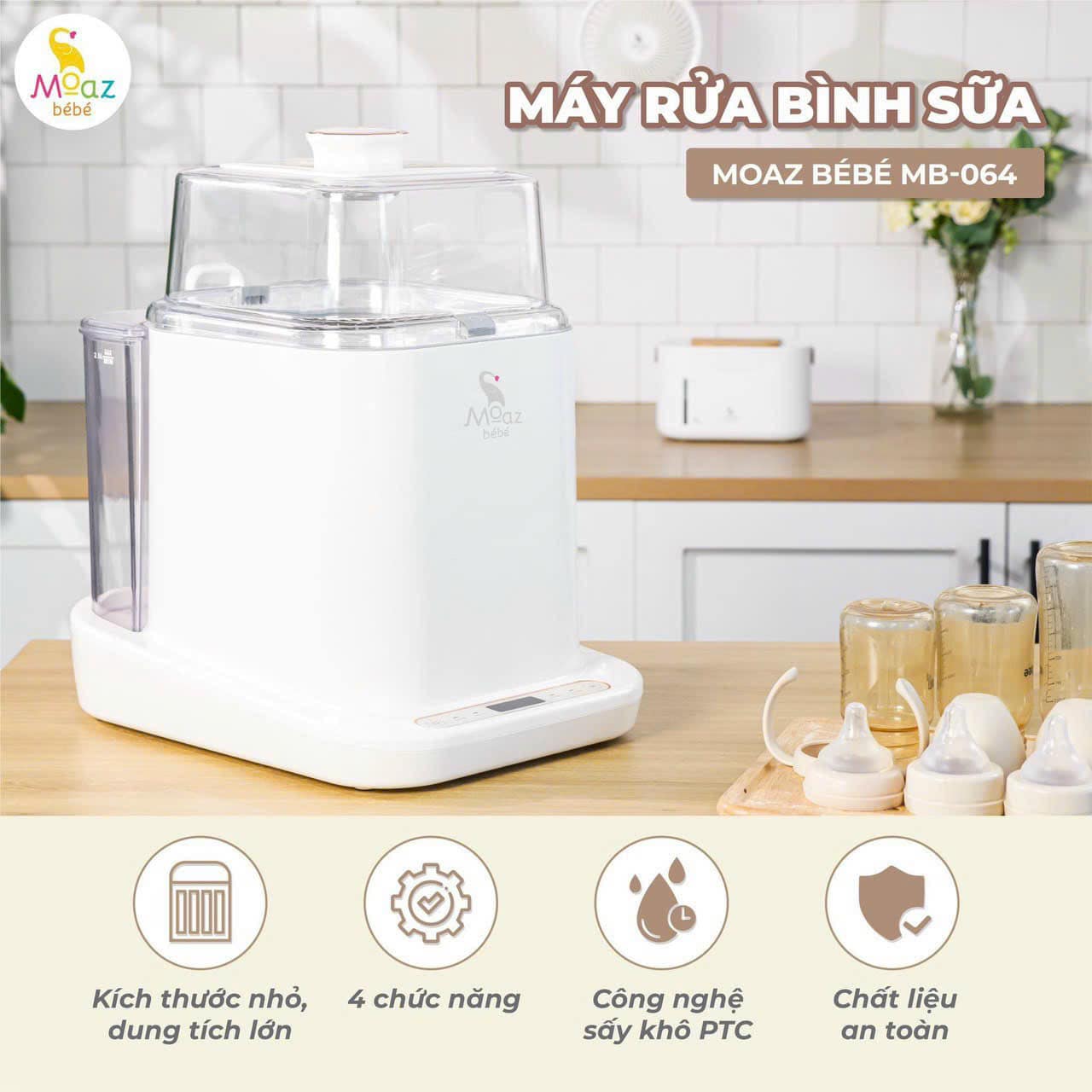 Máy rửa bình sữa Moaz Bebe MB064 kết hợp tiệt trùng sấy khô hơi nước cho bé | Shopee Việt Nam