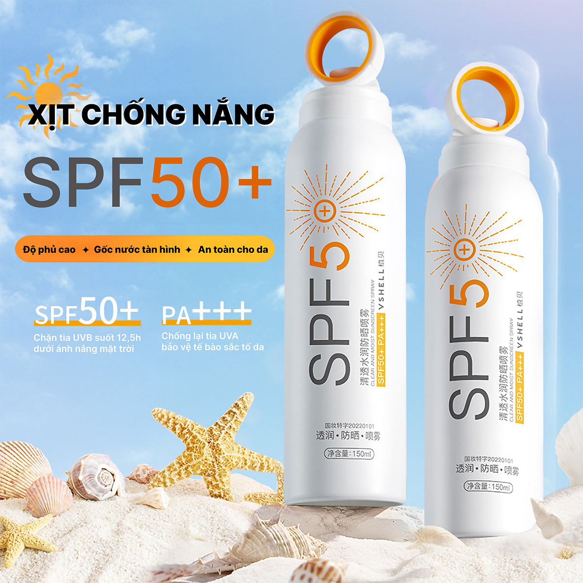 Xịt Chống Nắng Vshell SPF50+ PA+++ 150ml dùng cho cả mặt và body tất cả các loại da | Shopee ...