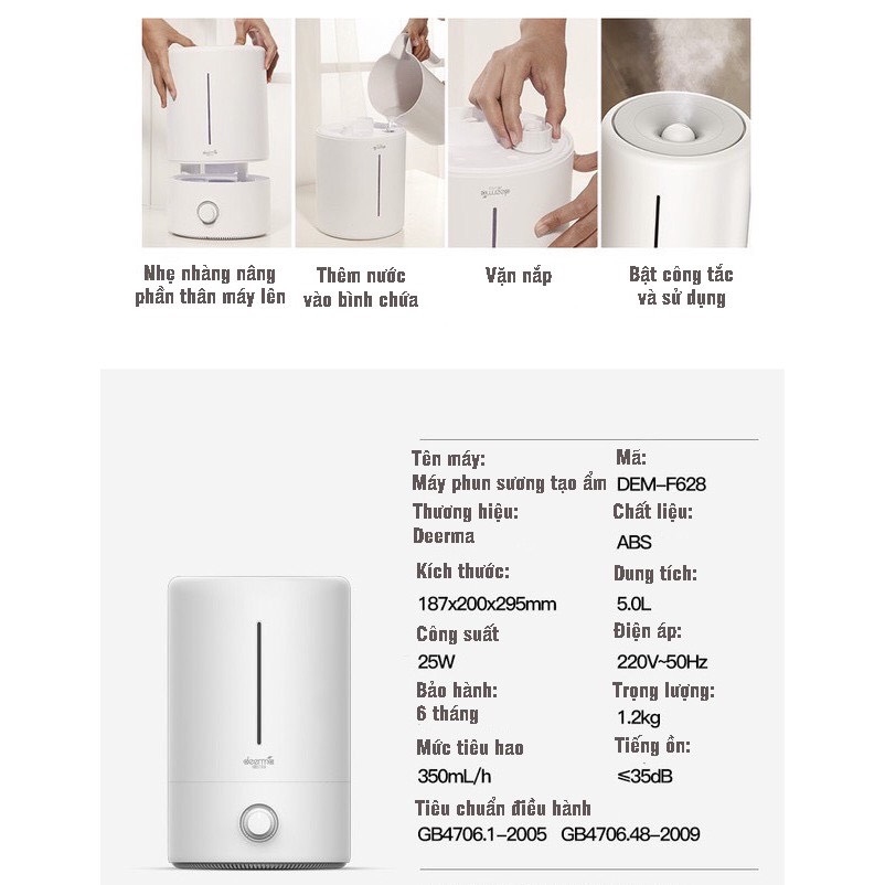 Máy phun sương tạo ẩm không khí Deerma F628S/ F628, kèm diệt khuẩn, xông tinh dầu, bù ẩm không ...