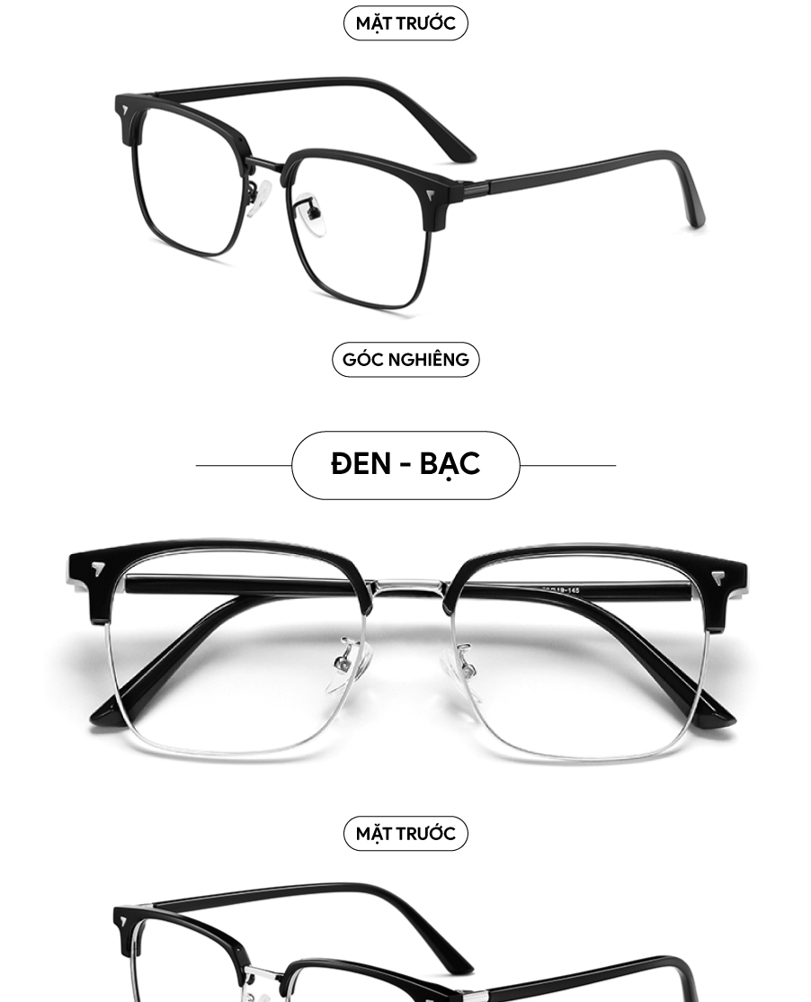 Kính mắt nam nữ HUNO màu đen, gọng kính kim loại kiểu dáng basic phù ...