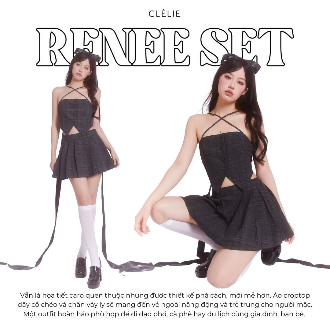 Set áo caro dây chéo và chân váy ngắn xếp ly | RENEE SET - CLÉLIE | Shopee Việt Nam