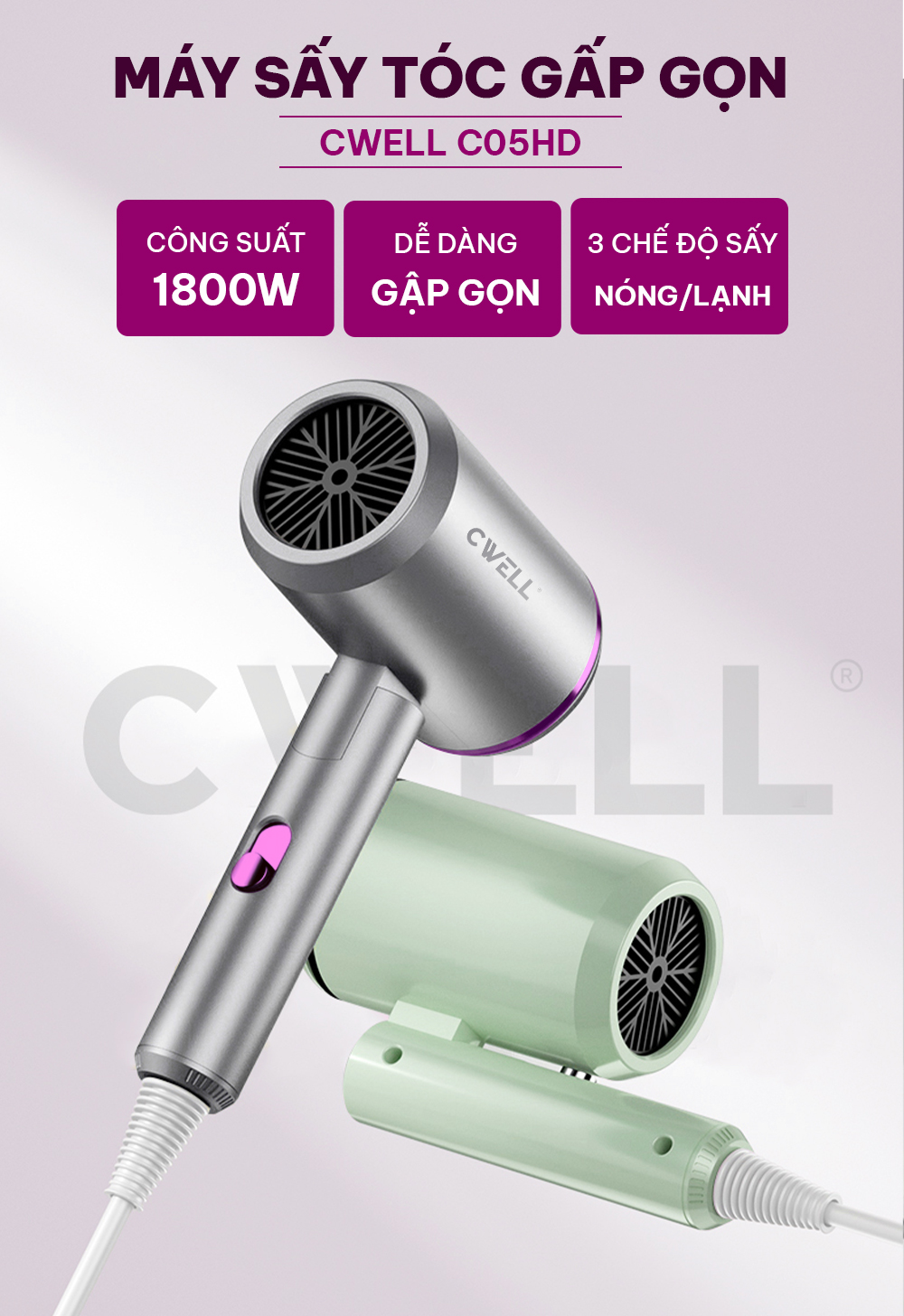 Máy sấy tóc CWell 1800W gập gọn 2 chiều nóng lạnh, 3 chế độ nhiệt, ánh ...