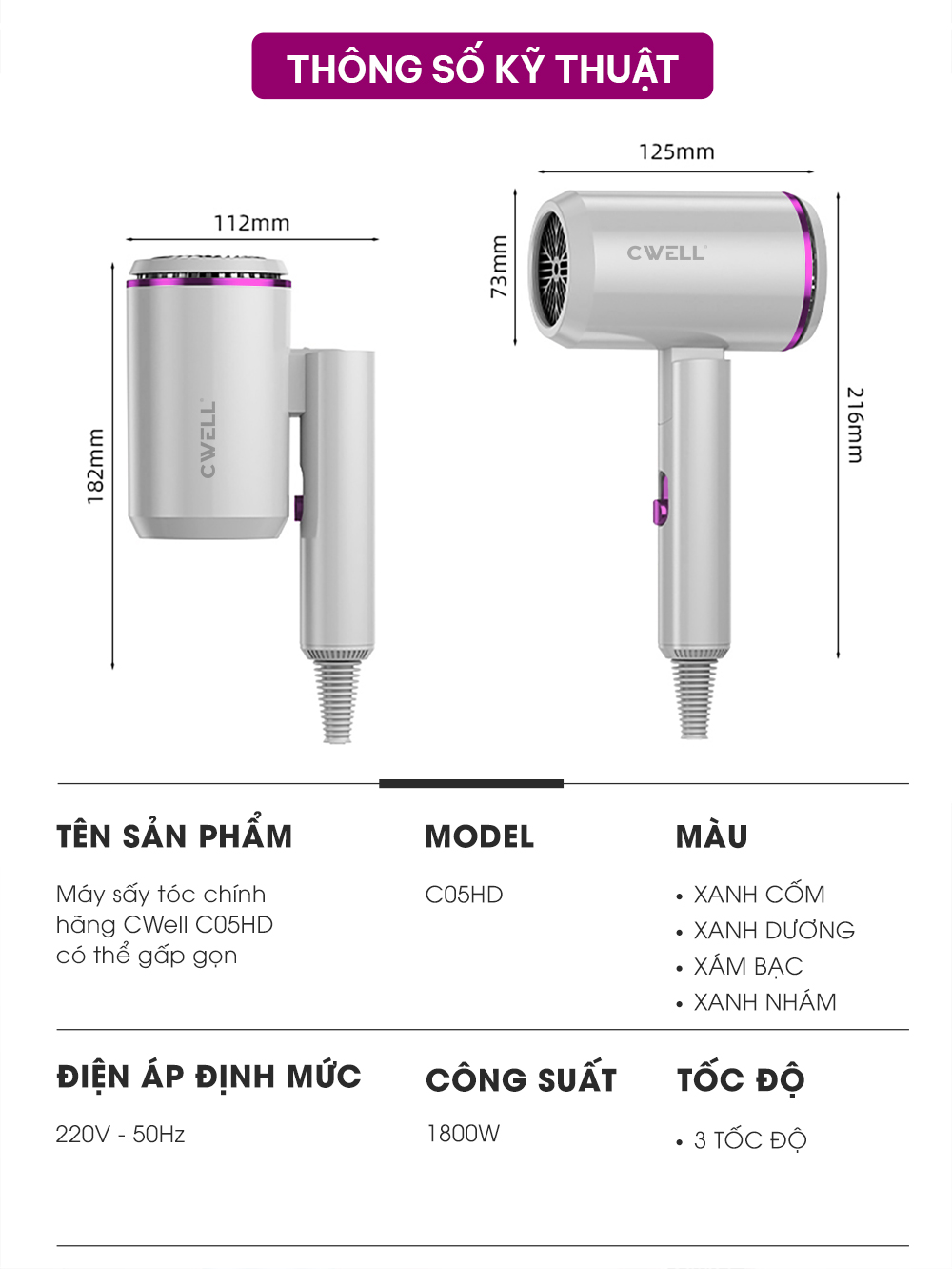 Máy sấy tóc CWell 1800W gập gọn 2 chiều nóng lạnh, 3 chế độ nhiệt, ánh ...