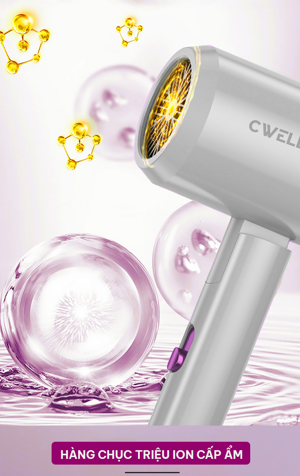 Máy sấy tóc gấp gọn CWell 1800W 2 chiều nóng lạnh, 3 chế độ nhiệt, ánh ...