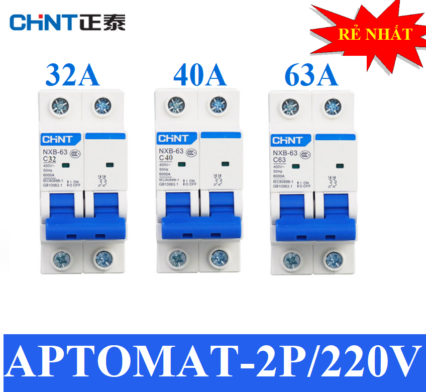 Aptomat 2P 220V CHINT 32A 40A 63A bảo vệ chống quá tải ngắn mạch HÀNG CHÍNH HÃNG át cài ray mcb ...