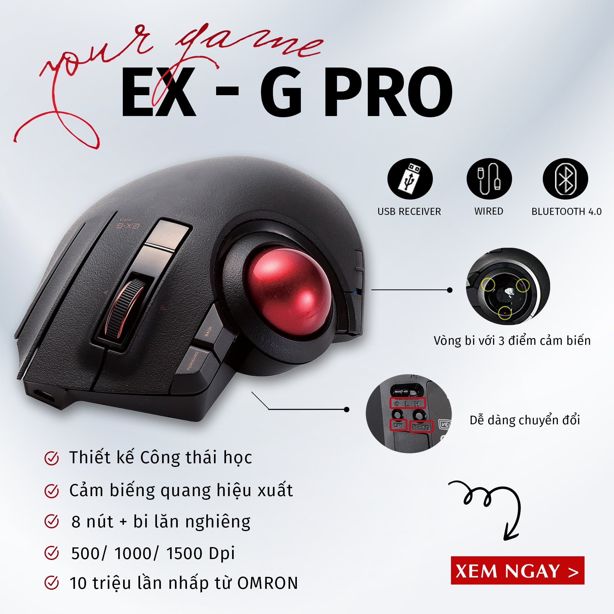 Chuột bi không dây Elecom EX-G PRO M-XPT1MRBK - trackball 8 nút, giảm ồn, kết nối đa phương thức ...
