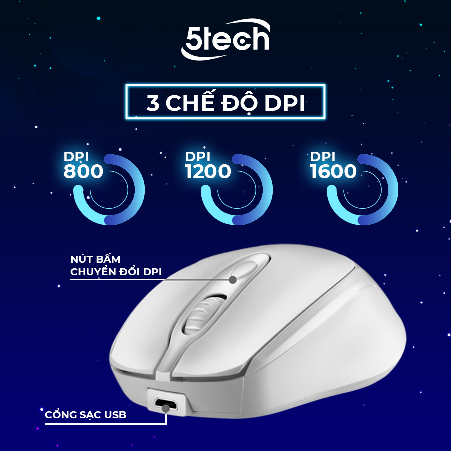 Chuột không dây 5TECH cho máy tính gaming sạc pin, siêu nhạy cho laptop, chất liệu nhựa ABS cao ...