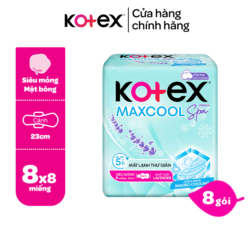 Combo 8 gói băng vệ sinh Kotex Maxcool French Spa siêu mỏng cánh 23cm (8M/gói) | Shopee Việt Nam