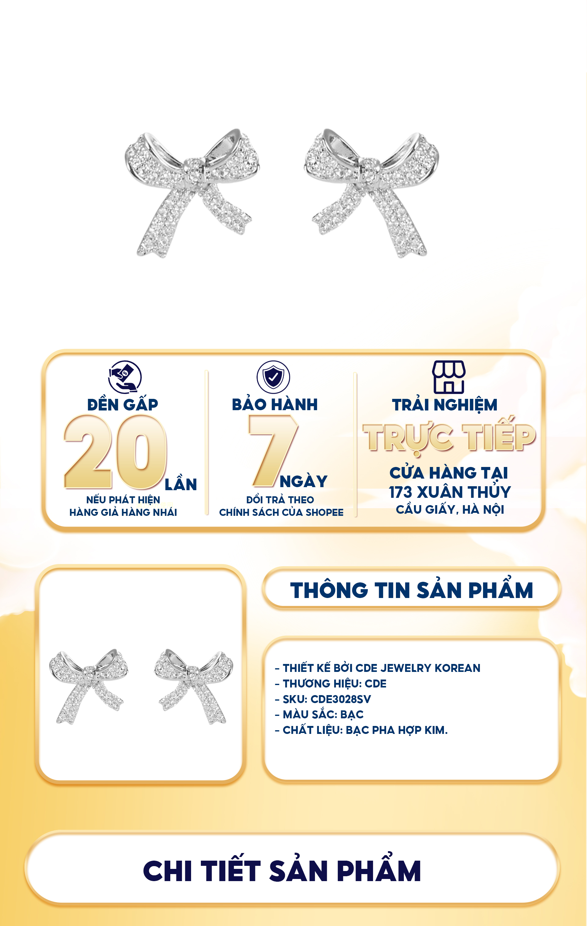 Khuyên tai bạc nữ CDE Bow Silver Earrings CDE3028SV - Bạc cao cấp ...