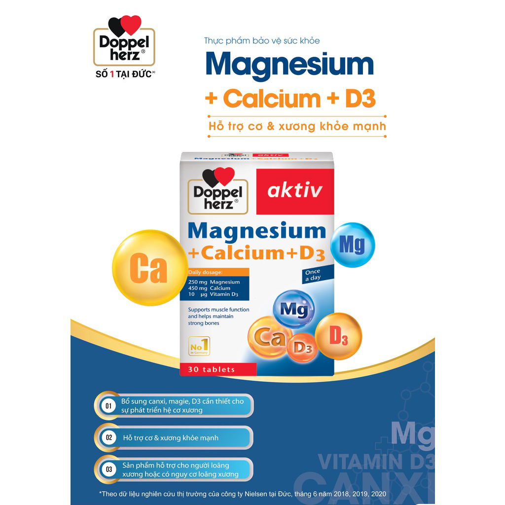 Viên uống bổ sung Canxi phòng ngừa loãng xương Doppelherz Magnesium + Calcium + D3 (Hộp 30 viên ...